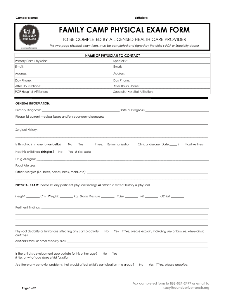 Fillable Online roundupriverranch Camper Name Birthdate FAMILY CAMP ...