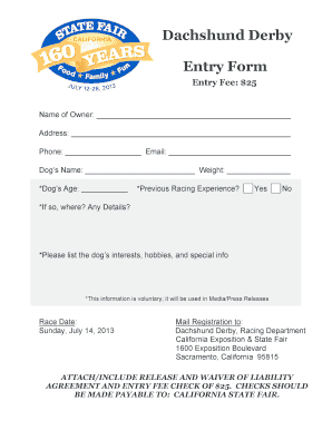 Fillable Online 2013 Dachshund Derby Racing Form - California State ...