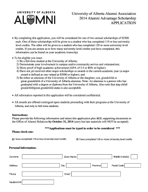 Fillable Online University of Alberta Alumni Association 2014 Alumni Advantage Scholarship ...