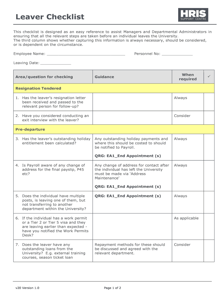 Fillable Online UNIVERSITY OF OXFORD LEAVER CHECKLIST Fax Email Print ...