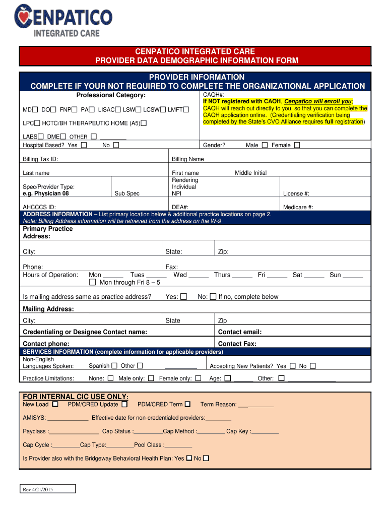 Fillable Online PROVIDER DATA DEMOGRAPHIC INFORMATION FORM Fax Email ...