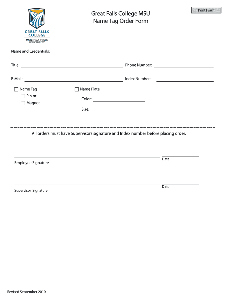 Fillable Online facstaff gfcmsu Great Falls College MSU Name Tag Order ...