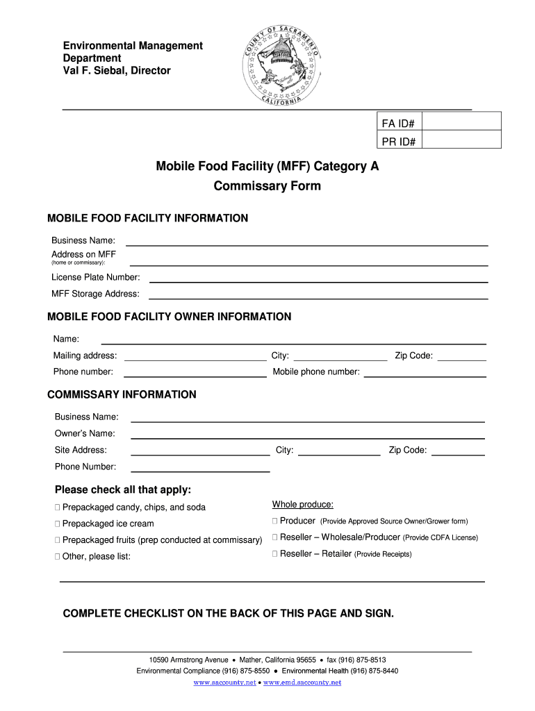 Fillable Online Mobile Food Facility MFF Category A Commissary Form Fax ...