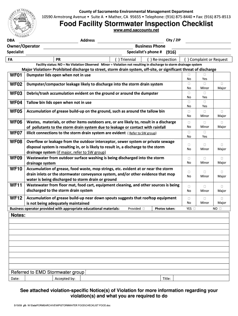 Fillable Online Fax Food Facility Stormwater Inspection Checklist Fax ...