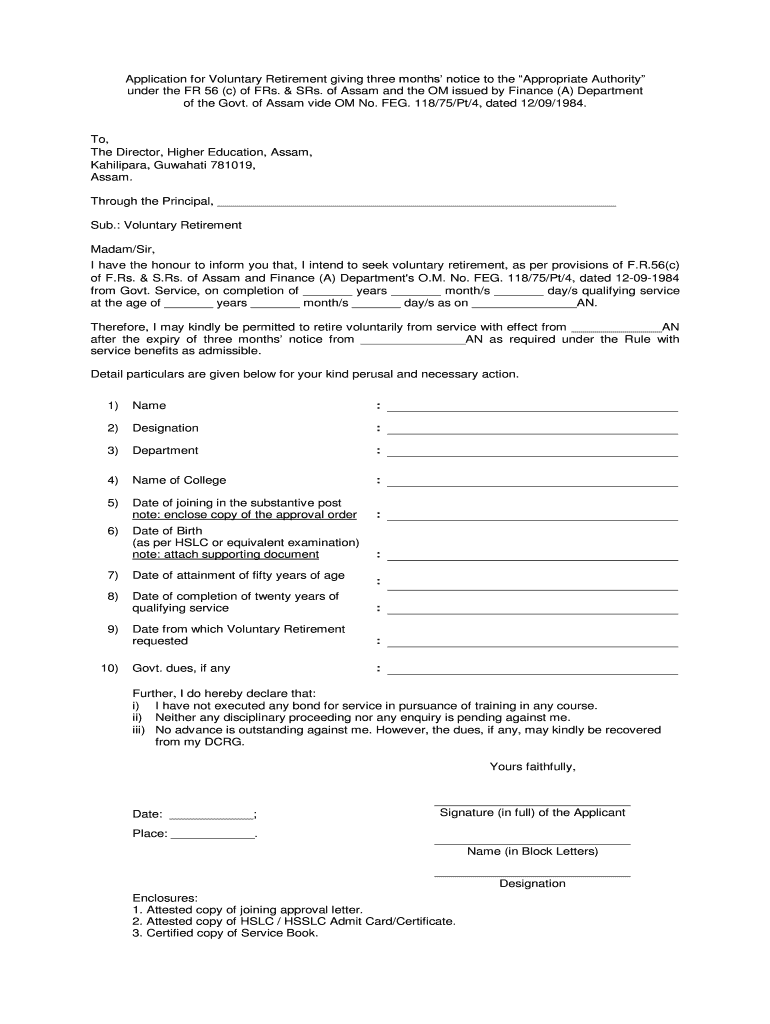 Fillable Online Application for Voluntary Retirement giving three ...