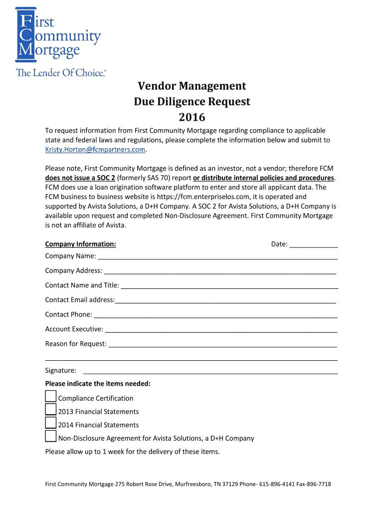 Fillable Online Vendor Management Due Diligence Request 2016 - fcmkccom ...