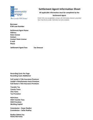 Fillable Online Settlement Agent Information Sheet - fcmkccom Fax Email ...