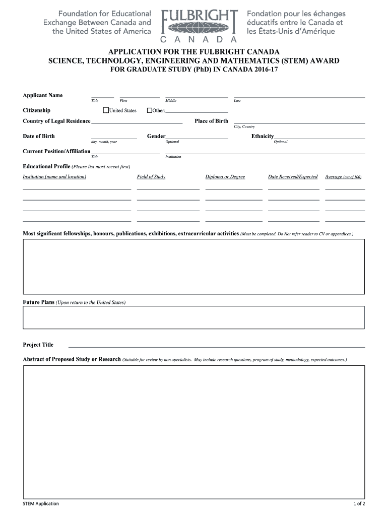 Fillable Online APPLICATION FOR THE FULBRIGHT CANADA Fax Email Print ...