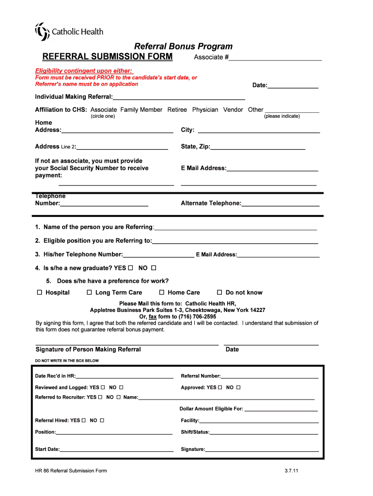 Fillable Online chsbuffalo Referral Bonus Program REFERRAL SUBMISSION ...