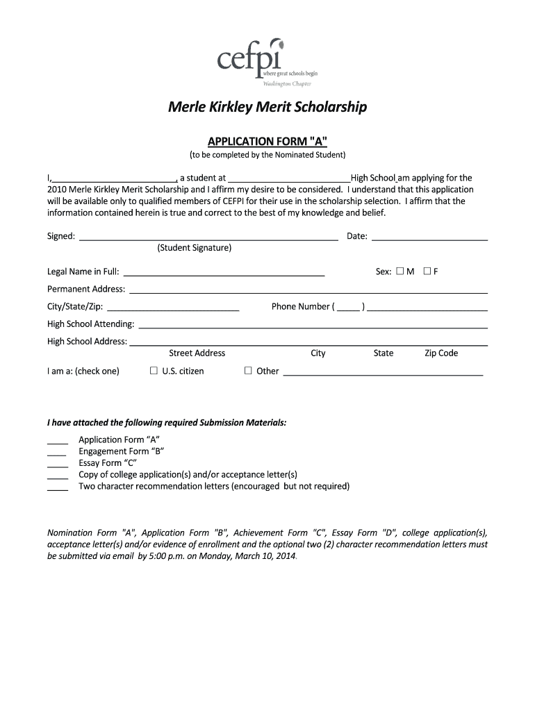 Fillable Online media cefpi 2014 Merle Kirkley Merit Scholarship ...