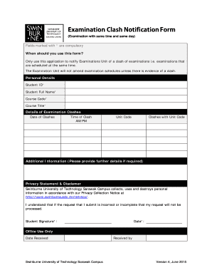 Fillable Online Examination Clash Notification Form - swinburneedumy ...