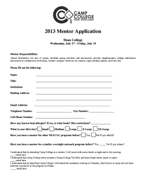 Fillable Online 2013 Mentor Application Fax Email Print - pdfFiller