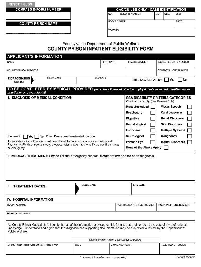 Fillable Online pacounties PA 1892 County Prison Form Draft 11-13 ...