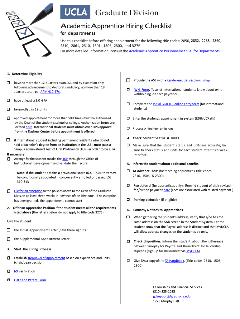 Fillable Online Academic Apprentice Hiring Checklist for Departments ...
