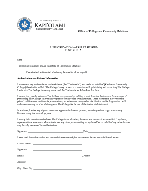 Fillable Online Authorization and Release Form for Testimonial Fax ...