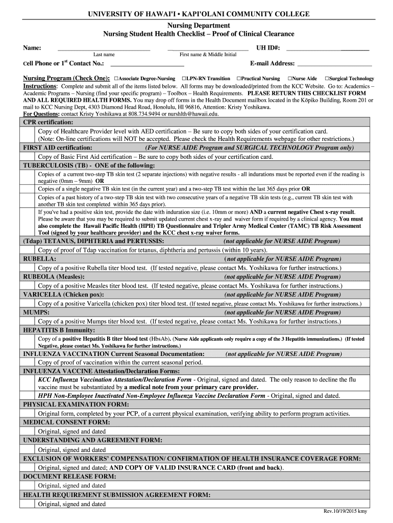 Fillable Online Nursing Department Nursing Student Health Checklist ...
