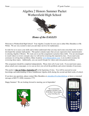 Fillable Online wethersfield k12 ct Algebra 2 Honors Summer Packet ...