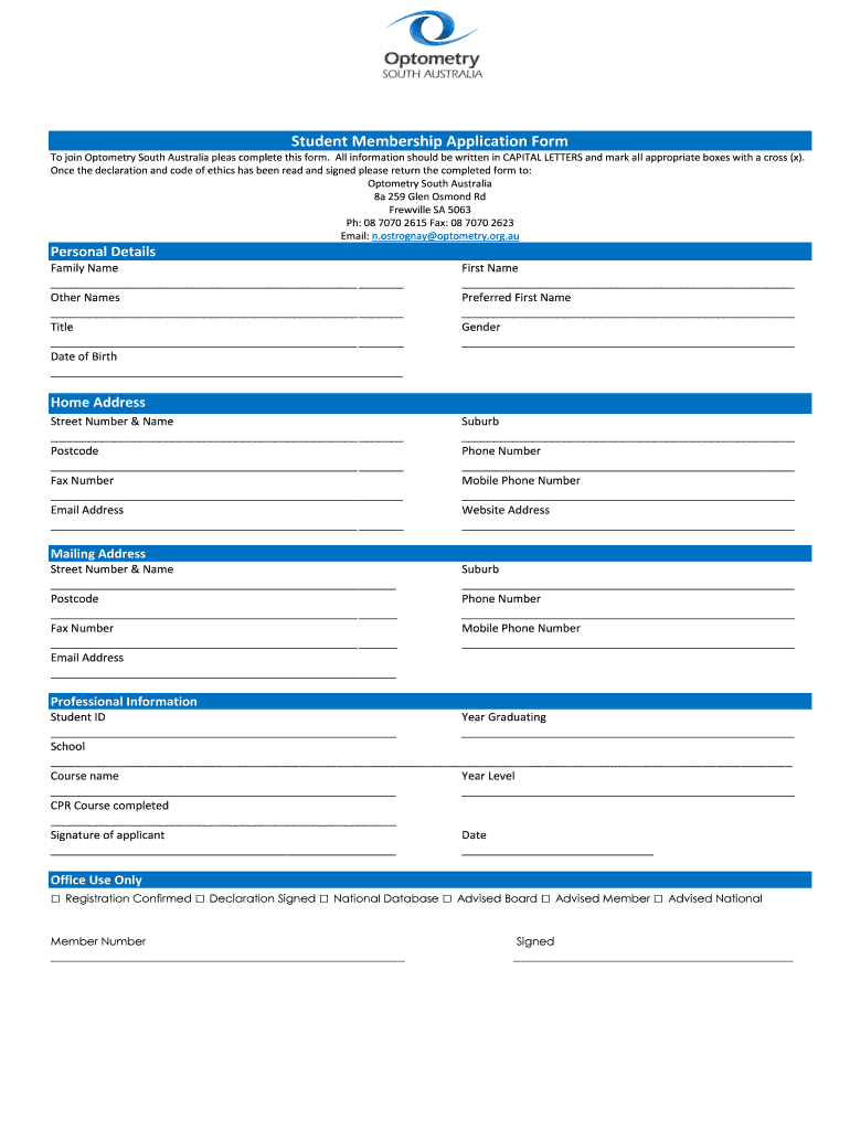 Fillable Online optometry org Student Membership Application Form ...