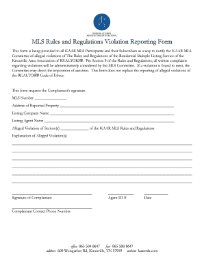 Fillable Online MLS Rules and Regulations Violation Reporting Form Fax ...