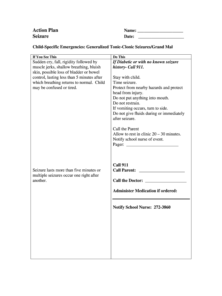 Fillable Online Action Plan Generalized Tonic Clonicdoc Fax Email Print - pdfFiller