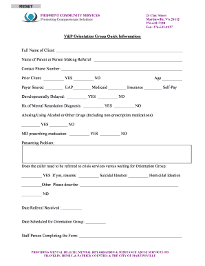 Fillable Online YP Orientation Group Quick Information Fax Email Print ...