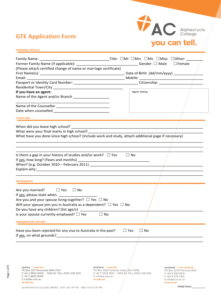 Fillable Online GTE Application Form PERSONAL DETAILS Family Name ...