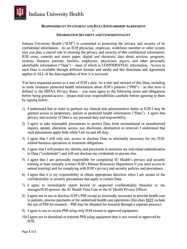 Fillable Online researchcompliance iu RESPONSIBILITY STATEMENT AND DATA STEWARDSHHIP AGREEMENT ...
