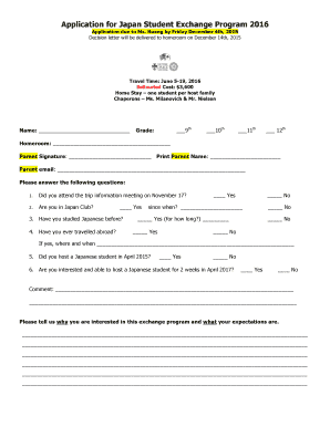 Fillable Online Application for Japan Student Exchange Program 2016 Fax Email Print - pdfFiller
