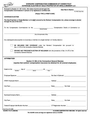 Fillable Online WORKERS COMPENSATION COMMISSION OF CONNECTICUT COVERAGE ...