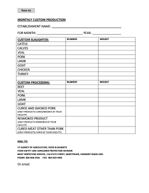 Fillable Online MONTHLY CUSTOM PRODUCTION CUSTOM SLAUGHTER NUMBER ...