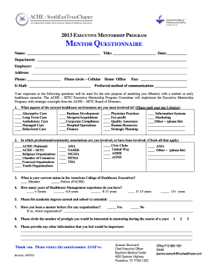 Fillable Online ache-setc 2013 EXECUTIVE MENTORSHIP PROGRAM MENTOR ...