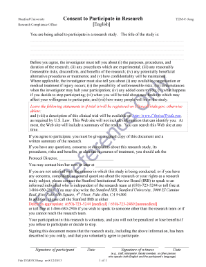 Fillable Online humansubjects stanford Consent to Participate in ...