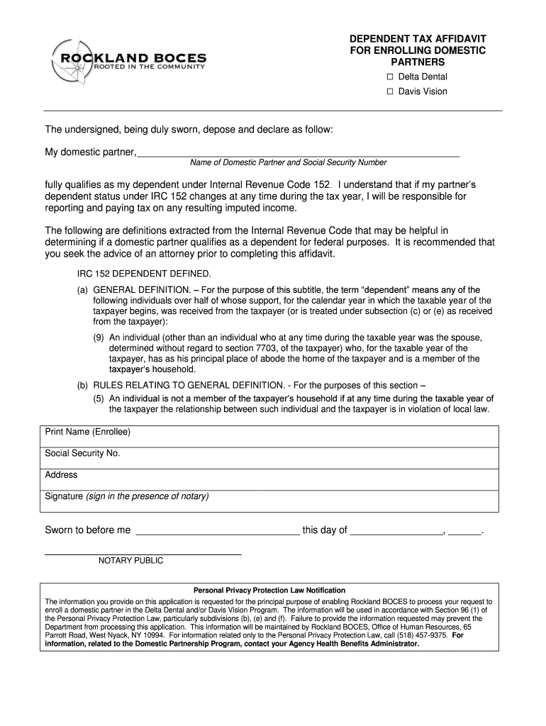 Fillable Online DEPENDENT TAX AFFIDAVIT FOR ENROLLING DOMESTIC PARTNERS ...