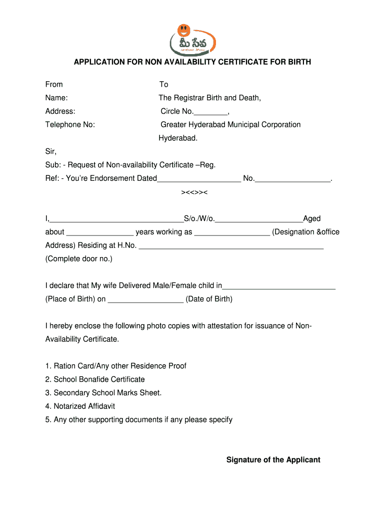 Fillable Online APPLICATION FOR NON AVAILABILITY CERTIFICATE FOR BIRTH ...