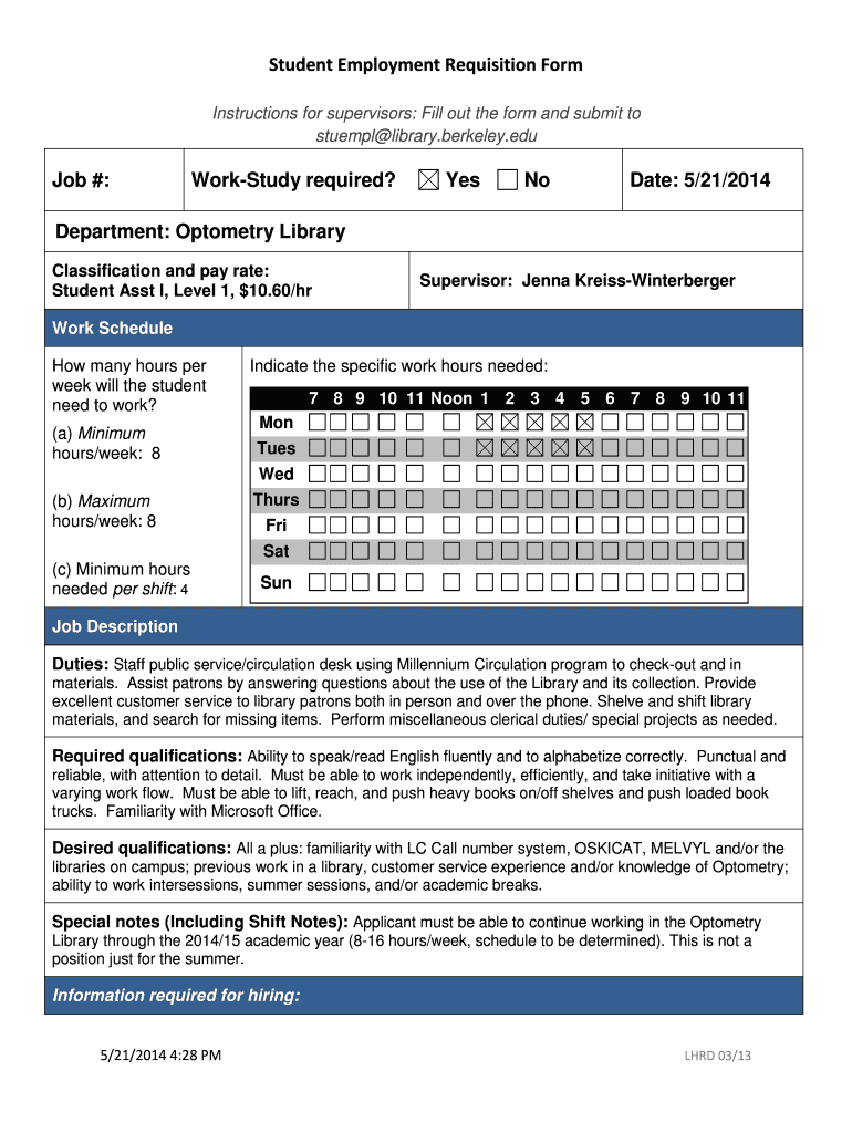 Fillable Online lib berkeley Student Employment Requisition Form ...