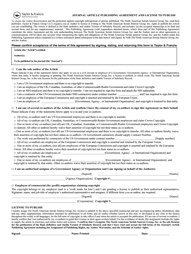 Fillable Online nasig JOURNAL ARTICLE PUBLISHING AGREEMENT AND LICENSE ...