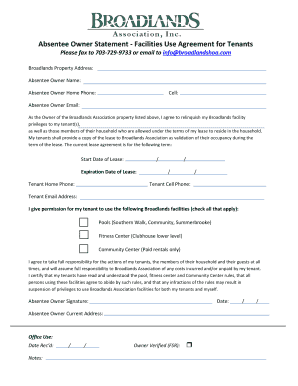 Fillable Online Absentee Owner Statement - Facilities Use Agreement for ...