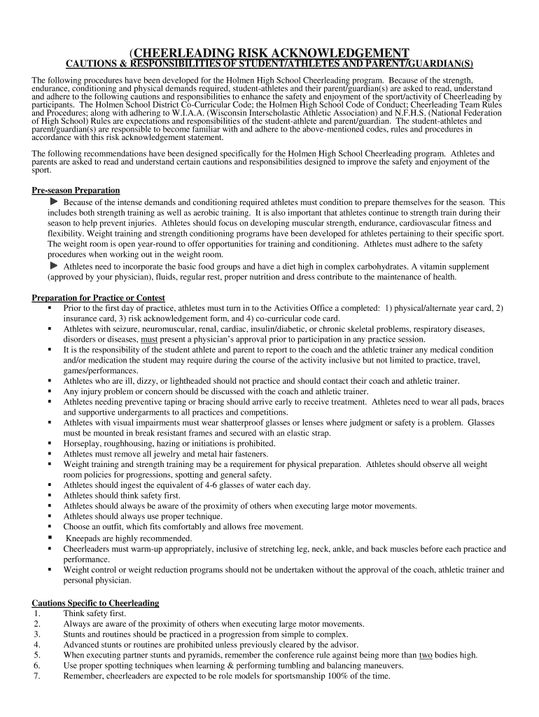 Fillable Online CHEERLEADING RISK ACKNOWLEDGEMENT Fax Email Print ...