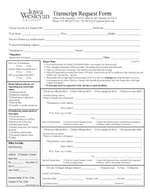 Fillable Online iw Transcript Request form v - Iowa Wesleyan University ...