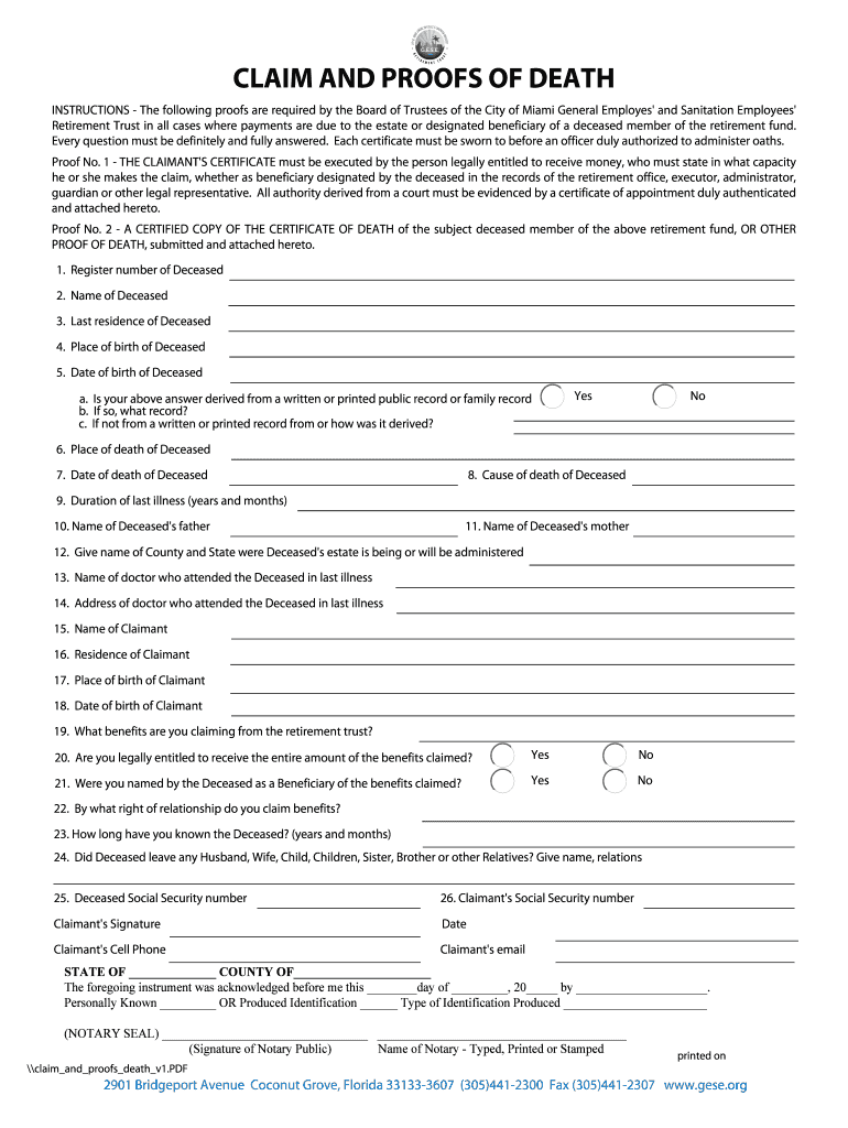 Fillable Online gese CLAIM AND PROOFS OF DEATH - GESEorg Fax Email ...