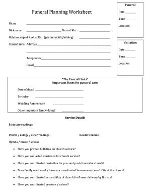 Fillable Online Funeral Funeral Planning Worksheet - West Ohio ...
