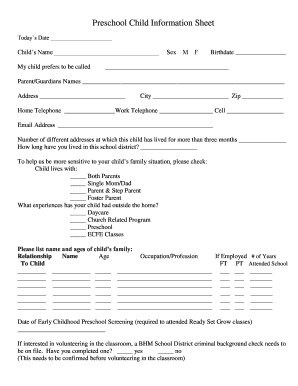 Fillable Online Preschool Child Information Sheet Fax Email Print ...