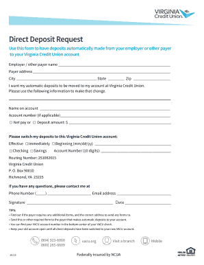Fillable Online vacu Direct Deposit Request - Virginia Credit Union Fax ...