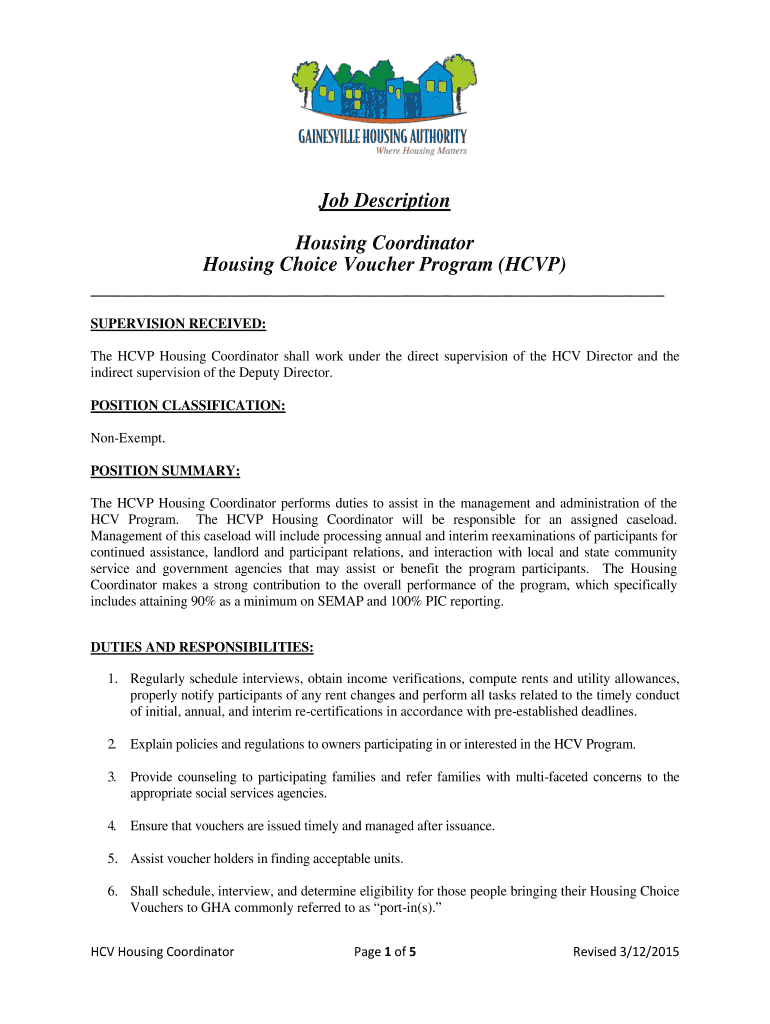 Fillable Online Job Description Housing Coordinator Housing Choice ...