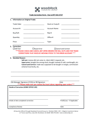 Fillable Online Trade Correction Form - Woodstock Financial Group Fax ...