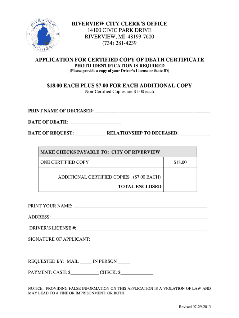 Fillable Online RIVERVIEW CITY CLERKS OFFICE 14100 CIVIC PARK DRIVE ...