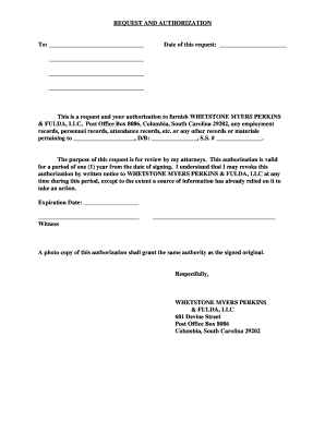 Fillable Online REQUEST AND AUTHORIZATION To Date of this request This ...