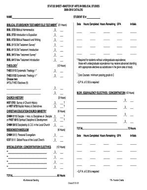 Fillable Online STATUS SHEET--MASTER OF ARTS IN BIBLICAL STUDIES 2009 ...