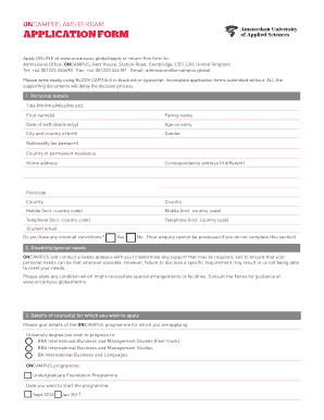 Fillable Online oncampus ONCAMPUS AMSTERDAM APPLICATION FORM Fax Email ...