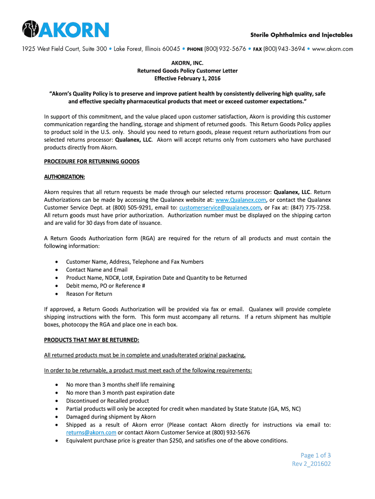 Fillable Online Returned Goods Policy Customer Letter Fax Email Print ...